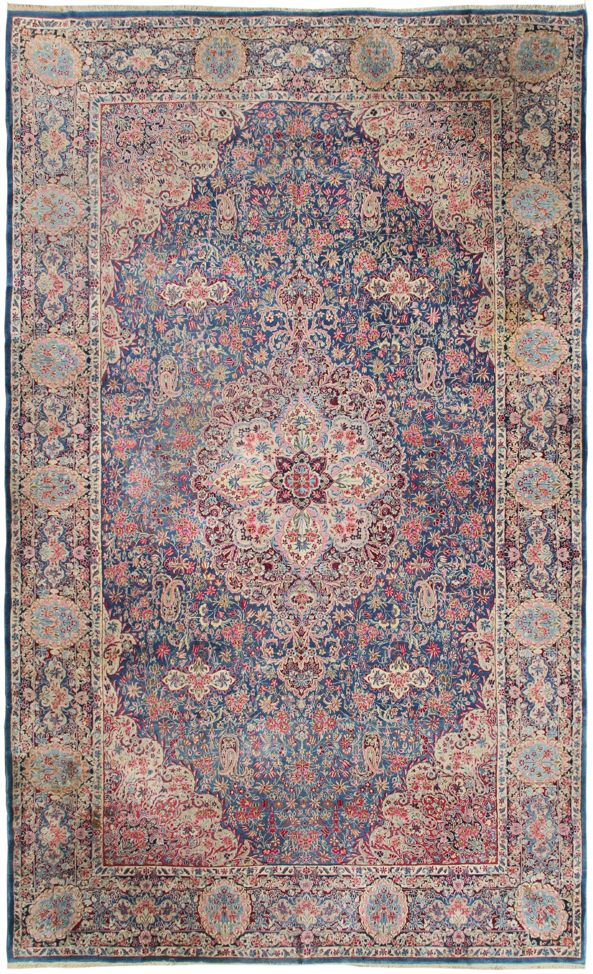 10'x16' Antique Laver Kerman Persian Rug | Teal Field & Floral Medalli ...