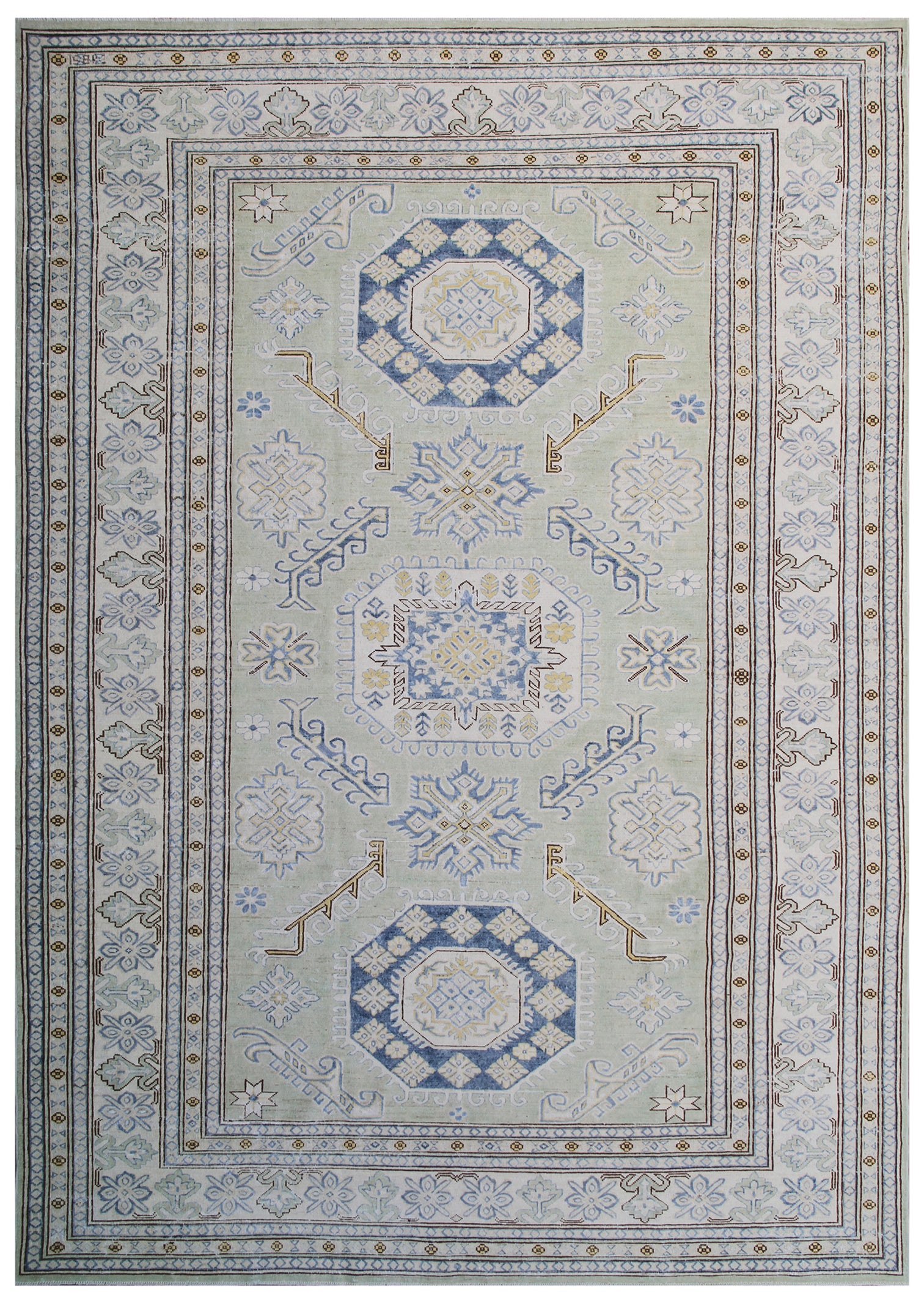 9'x7' Hand-Knotted Kazak Design Blue and Green Ariana Hazara Rug Colle ...
